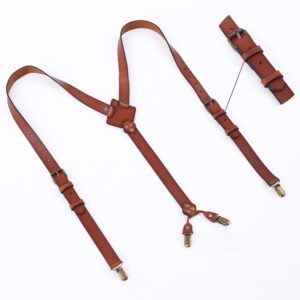 PAHVRION Leather Suspenders For Men 43.7-49.6Inch Y-Back Adjustable Brown Gneuine Leather Suspenders Groomsmen Gift for Wedding