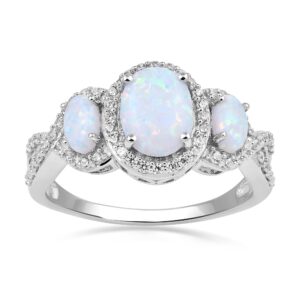 jewelili sterling silver 8x6 mm and 5x3 mm oval created opal and round created white sapphire 3-stone engagement ring, size 8