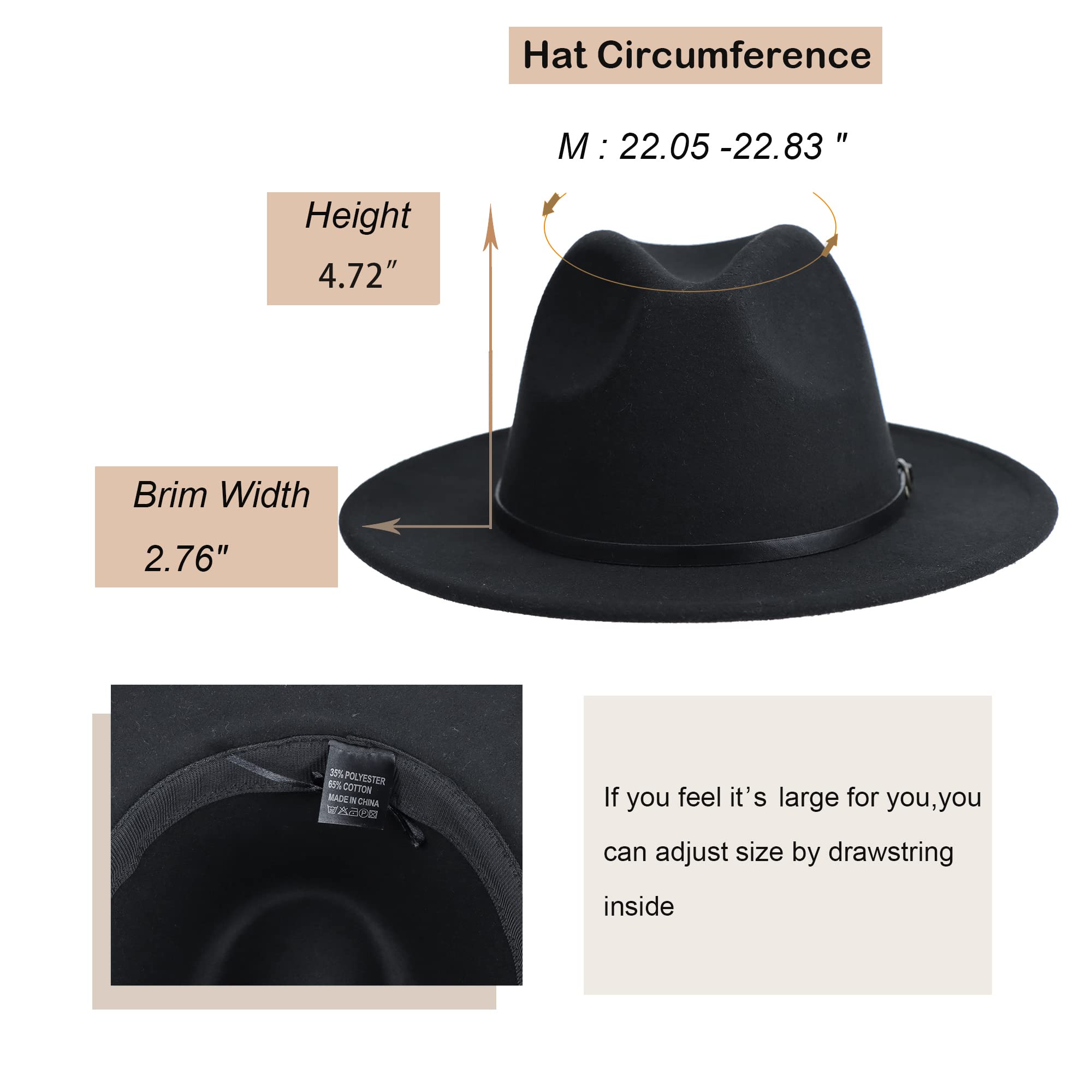 UTOWO Classic Black-Felt-Fedora-Hats-for-Women, Wide-Brim-Wool-Rancher-Panama Jazz Hat with Belt-Buckle