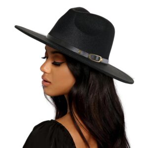 UTOWO Classic Black-Felt-Fedora-Hats-for-Women, Wide-Brim-Wool-Rancher-Panama Jazz Hat with Belt-Buckle