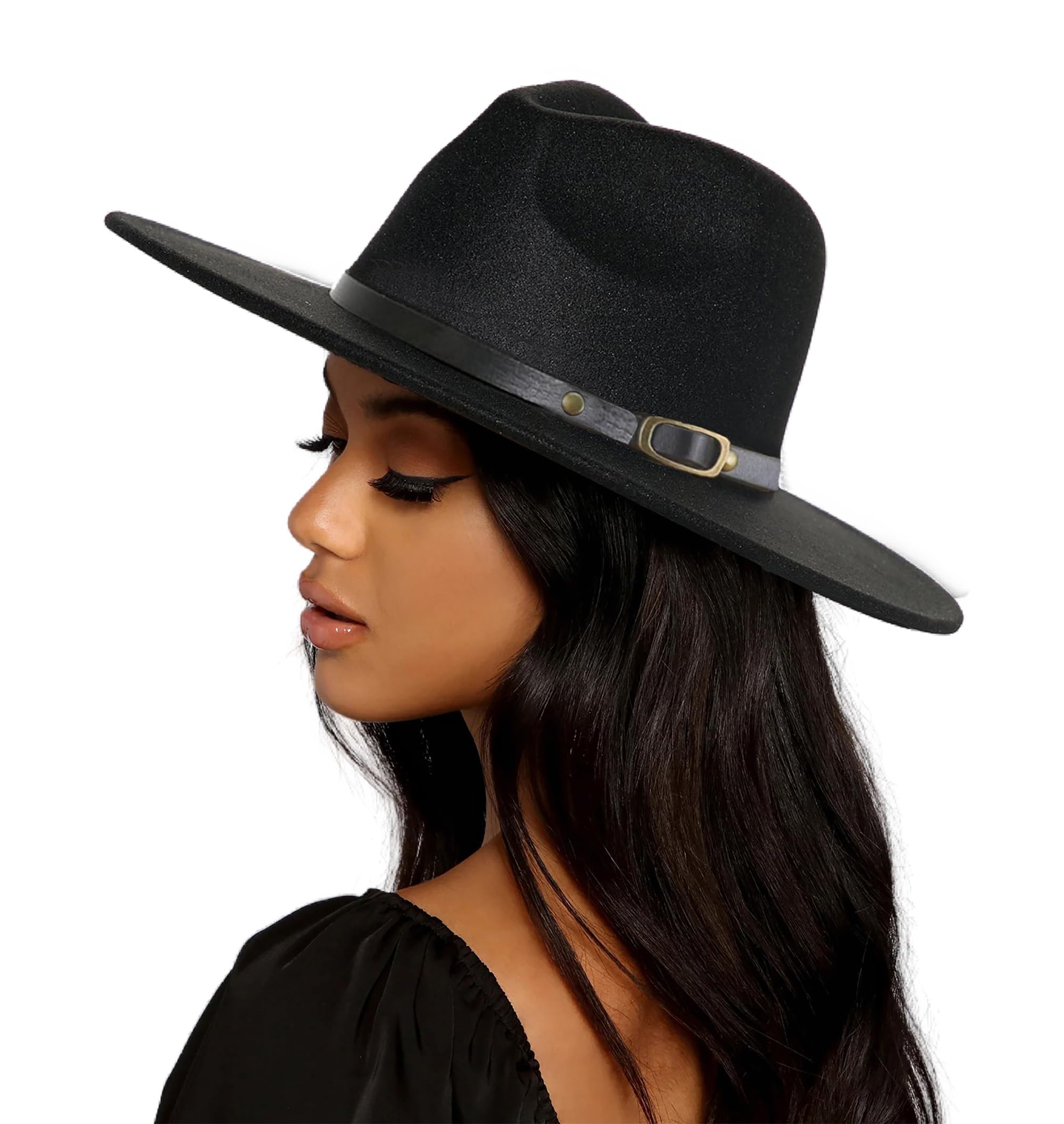 UTOWO Classic Black-Felt-Fedora-Hats-for-Women, Wide-Brim-Wool-Rancher-Panama Jazz Hat with Belt-Buckle