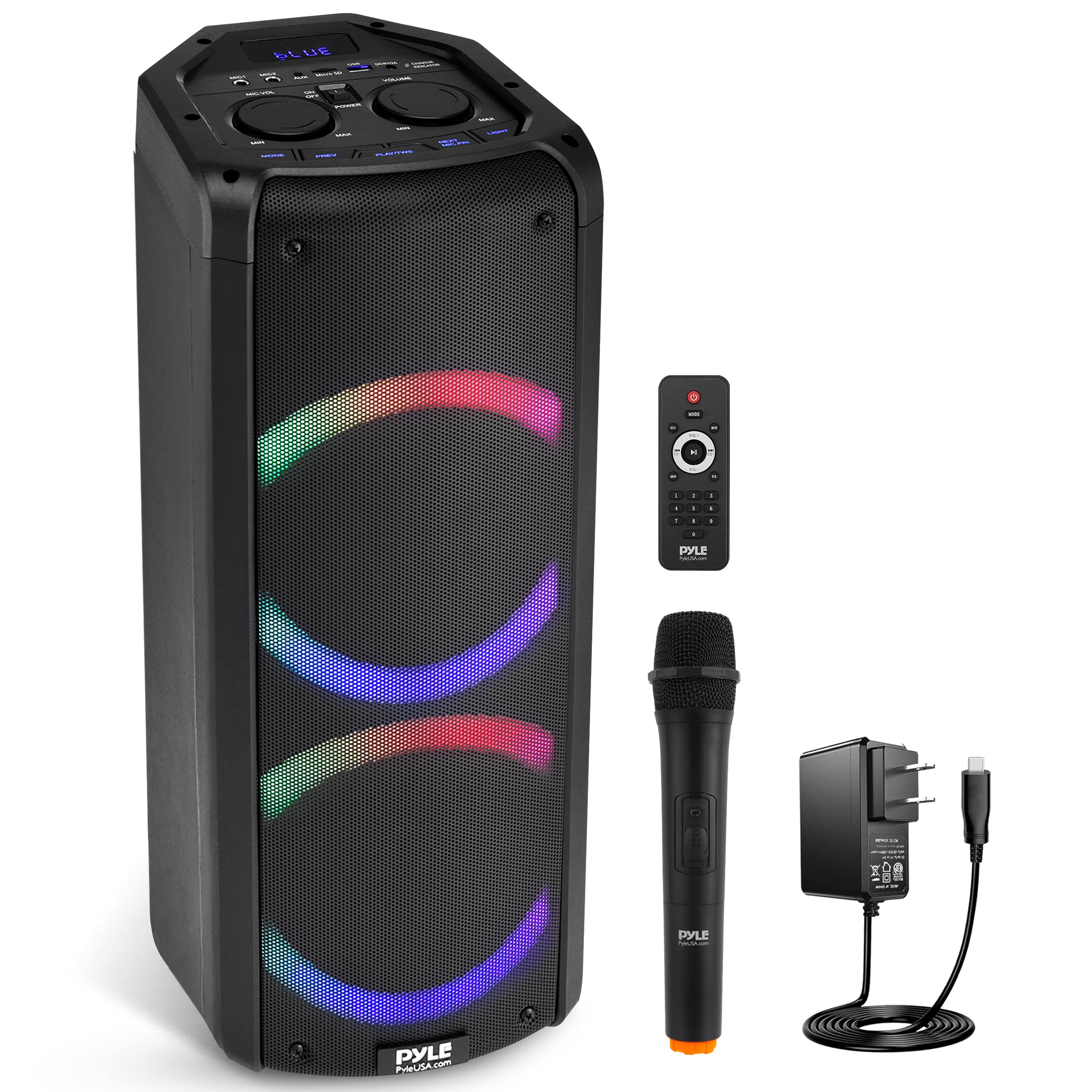 Pyle Portable Bluetooth PA Speaker - 240W Dual 6.5" Rechargeable Indoor/Outdoor BT Karaoke Audio System-TWS, Party Lights, LED Display, FM/AUX/MP3/USB/SD, 6.5mm in, Handle-Wireless Mic, Remote