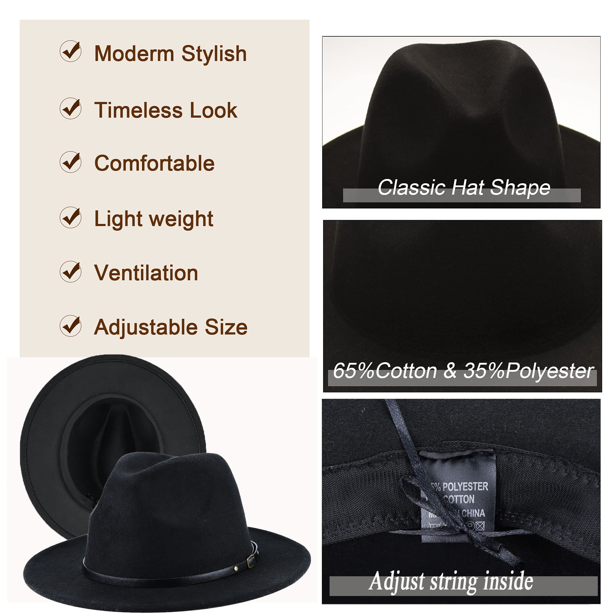 UTOWO Classic Black-Felt-Fedora-Hats-for-Women, Wide-Brim-Wool-Rancher-Panama Jazz Hat with Belt-Buckle