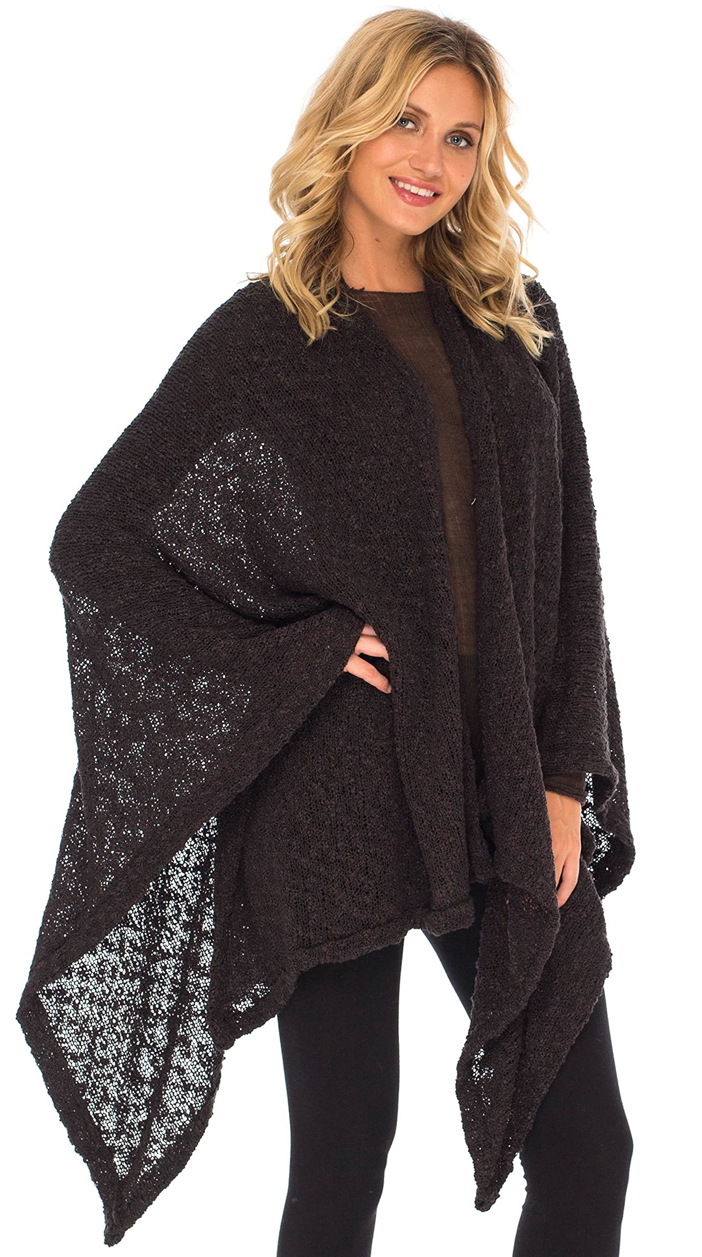 SHU-SHI Womens Cozy Knit Poncho Sweater Shawl Wrap Open Front Cape Lightweight Kimono