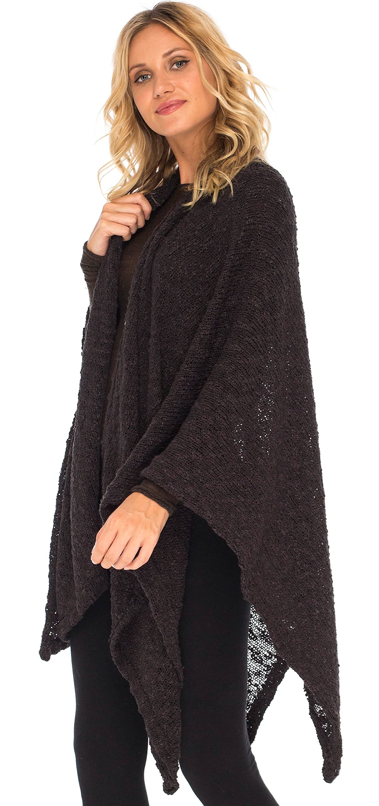 SHU-SHI Womens Cozy Knit Poncho Sweater Shawl Wrap Open Front Cape Lightweight Kimono