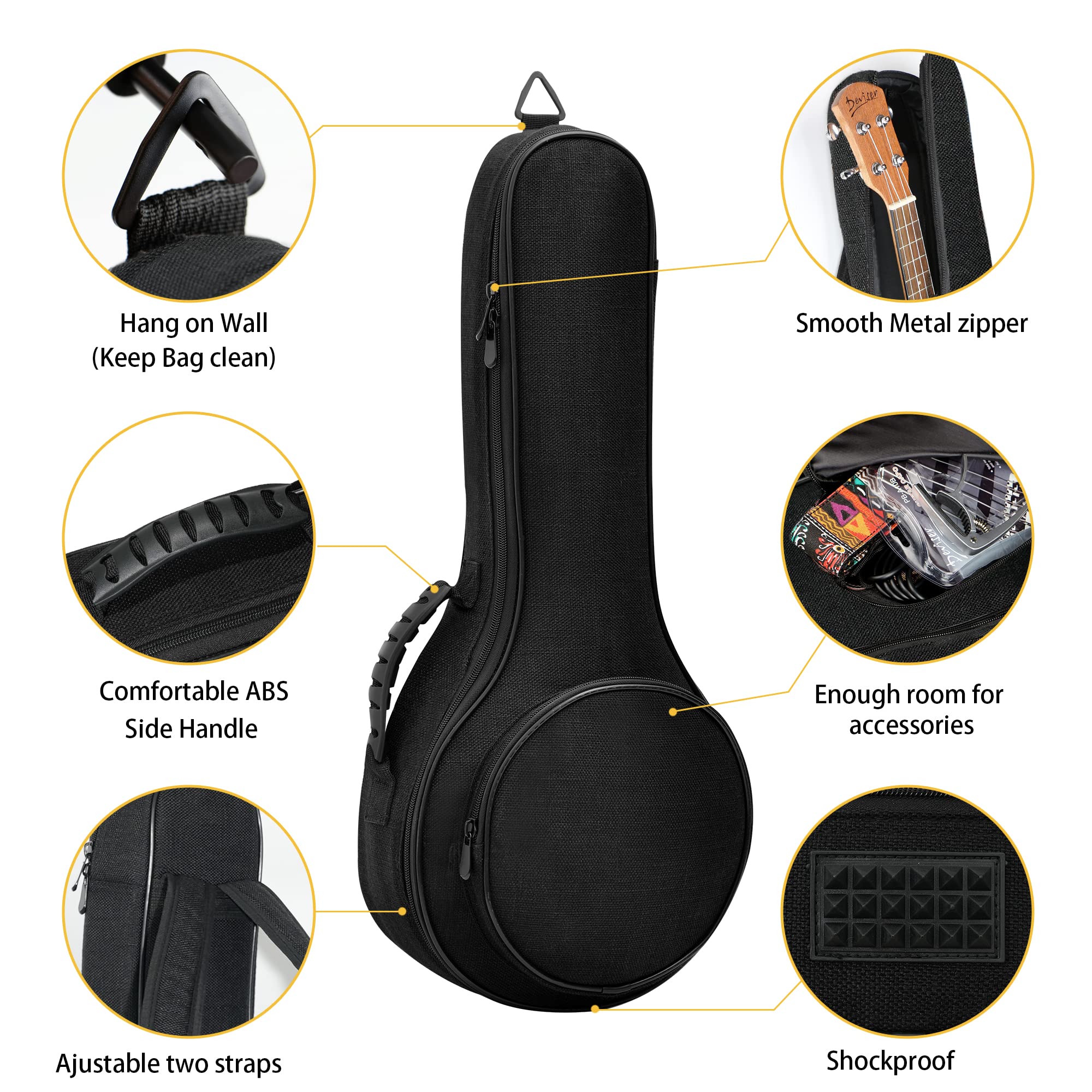 Deviser banjolele case 0.5 Inch Thick Padding ABS Handles banjo ukelele case linen fabric 12mm 24Inch banjo ukulele gig bag with Felt picks Black