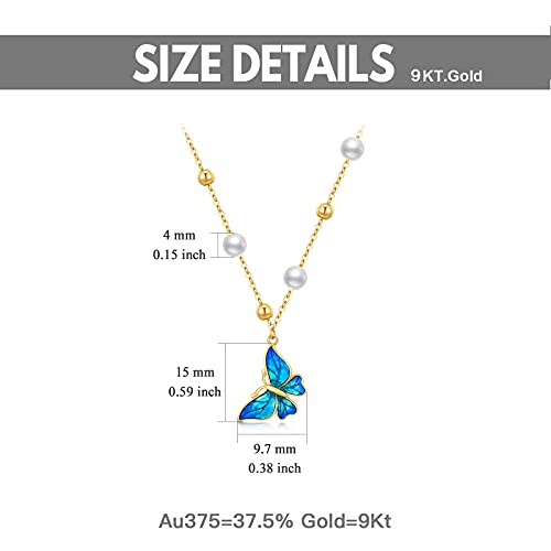 14K Real Gold Butterfly Necklace for Women,Yellow Gold Pearl Butterfly Pendant+Chain with 8 PCS Pearls,Anniversary Birthday Jewelry Gifts for Wife Mom,16"+2" (Style-1)