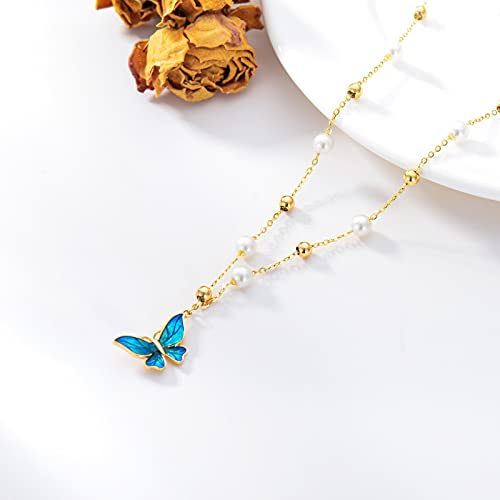 14K Real Gold Butterfly Necklace for Women,Yellow Gold Pearl Butterfly Pendant+Chain with 8 PCS Pearls,Anniversary Birthday Jewelry Gifts for Wife Mom,16"+2" (Style-1)