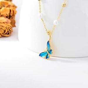 14K Real Gold Butterfly Necklace for Women,Yellow Gold Pearl Butterfly Pendant+Chain with 8 PCS Pearls,Anniversary Birthday Jewelry Gifts for Wife Mom,16"+2" (Style-1)