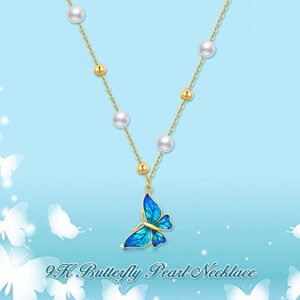 14K Real Gold Butterfly Necklace for Women,Yellow Gold Pearl Butterfly Pendant+Chain with 8 PCS Pearls,Anniversary Birthday Jewelry Gifts for Wife Mom,16"+2" (Style-1)