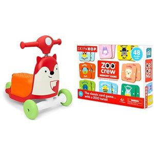 skip hop zoo pre-school toy collection gift set: 3 in 1 fox scooter, zoo crew memory game