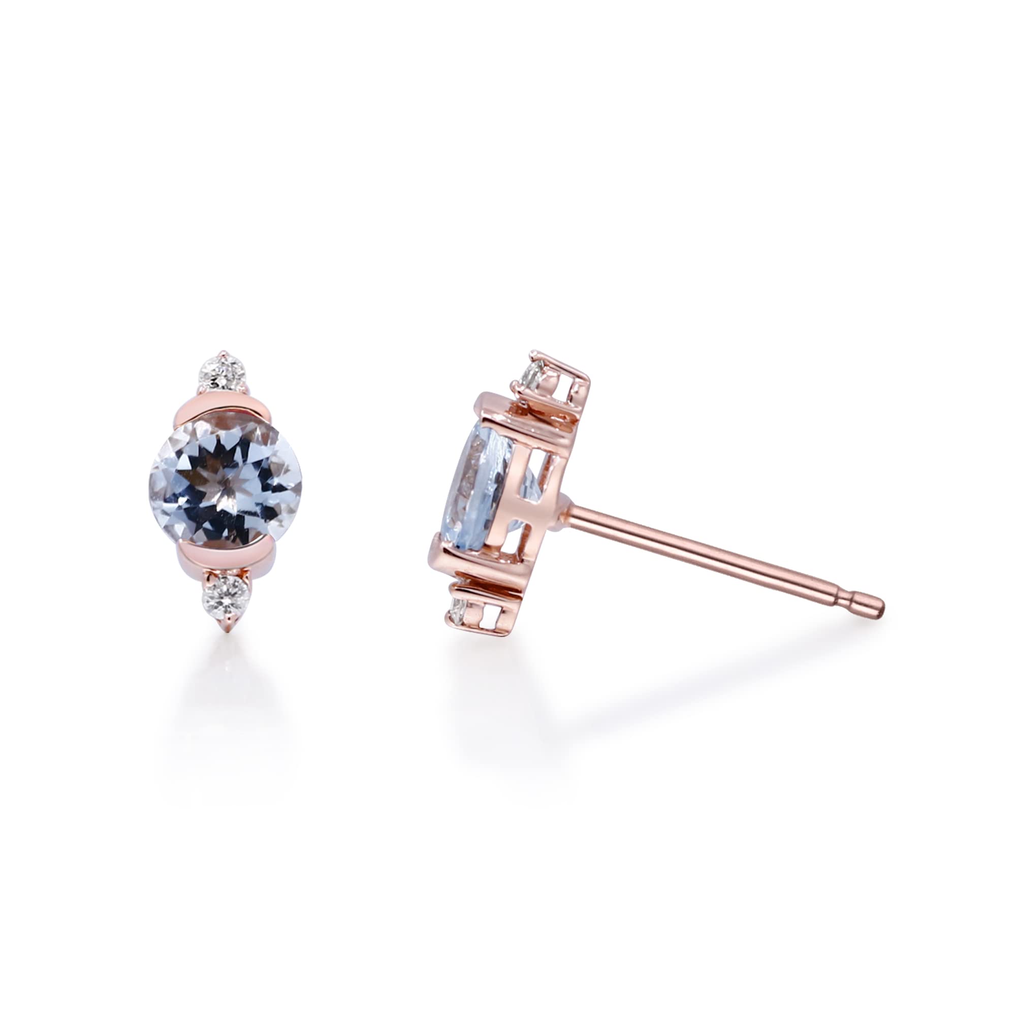 Gin & Grace 10K Rose Gold Genuine Aquamarine Earrings with Diamonds for women | Ethically, authentically & organically sourced (Round-cut) shaped Stud Aquamarine hand-crafted jewelry for her