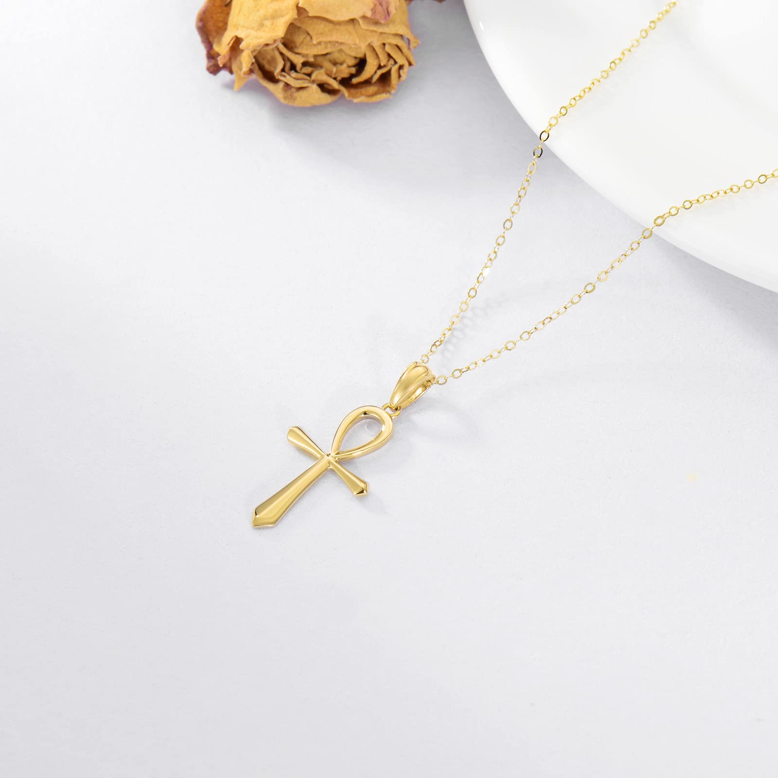 WSX Solid 14k Yellow Gold Egyptian Ankh Cross Pendant Necklace for Women Polished Egypt Jewelry Religious Charm Gift for Her