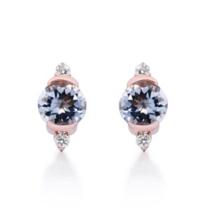 gin & grace 10k rose gold genuine aquamarine earrings with diamonds for women | ethically, authentically & organically sourced (round-cut) shaped stud aquamarine hand-crafted jewelry for her