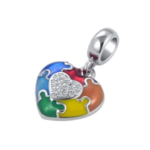 QeenseKc Autism Awareness Puzzle Piece Heart Pendant Charm Colorful Enamel Bead for Pandora Bracelet Yellow Aut-115_Puzzle