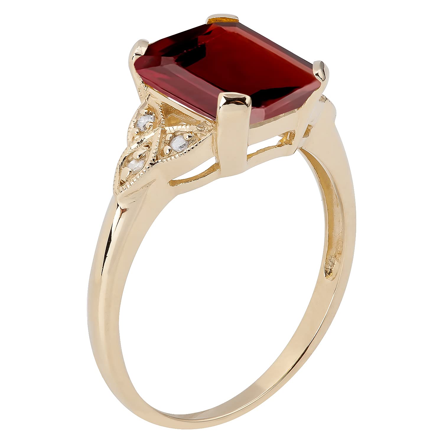 10k Yellow Gold Vintage Style Genuine Emerald-Cut Garnet and Diamond Ring