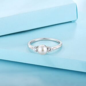 JO WISDOM Pearl Ring,925 Sterling Silver Cubic Zirconia Women's Rings with 7mm White Freshwater Cultured Pearl Ring size 8