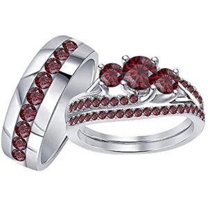 her engagement ring and his her wedding band round cut created-red garnet trio ring set 14k white gold over 925 sterling silver