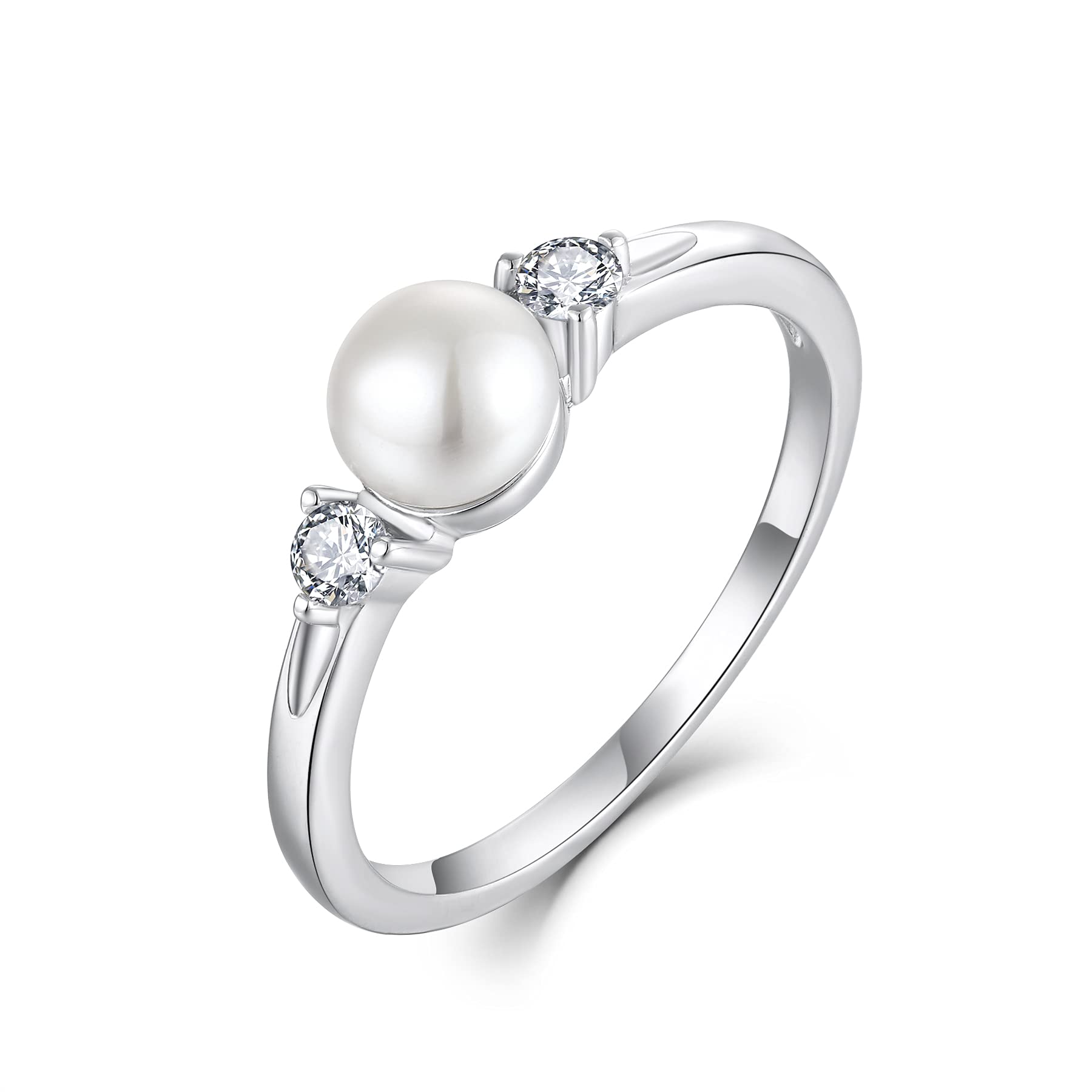 JO WISDOM Pearl Ring,925 Sterling Silver Cubic Zirconia Women's Rings with 7mm White Freshwater Cultured Pearl Ring size 8