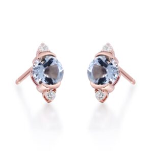 Gin & Grace 10K Rose Gold Genuine Aquamarine Earrings with Diamonds for women | Ethically, authentically & organically sourced (Round-cut) shaped Stud Aquamarine hand-crafted jewelry for her