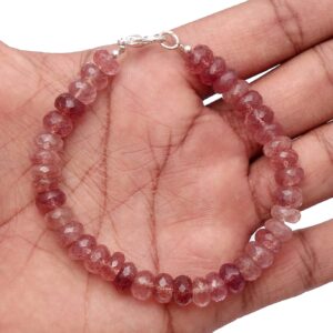 A&M GEMS & JEWELS A&M Beautiful Classic Healing Strawberry Quartz Faceted Rondell Gemstone Beaded Bracelet Jewelry, Natural Strawberry Quartz bracelet for Womens (7.25)