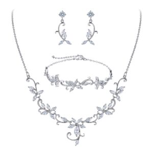 crysdue flower leaf wedding jewelry set for bridal bridemaid, cubic zirconia teardrop elegant vine necklace bracelet dangle earrings for wedding prom party silver tone