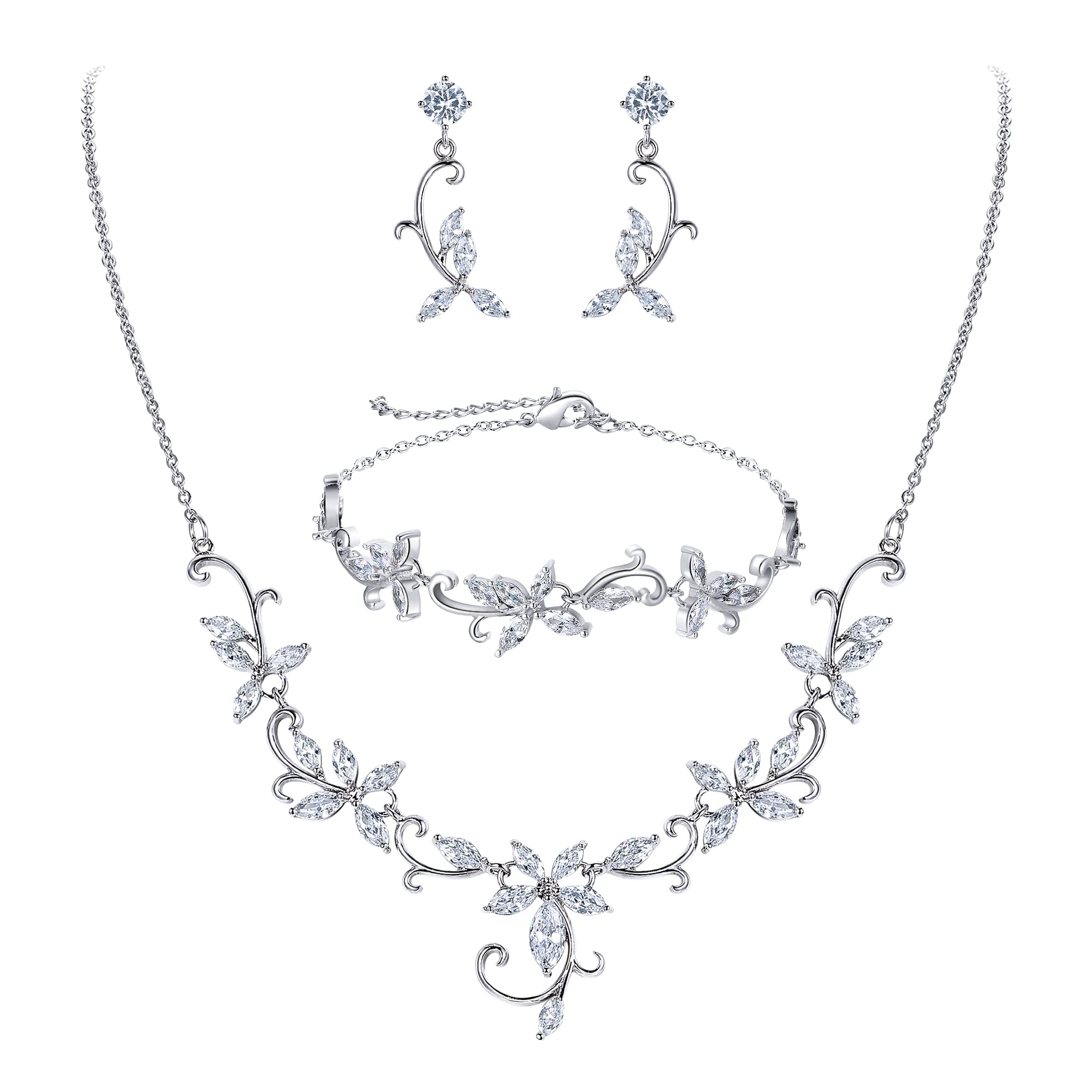 Crysdue Flower Leaf Wedding Jewelry Set for Bridal Bridemaid, Cubic Zirconia Teardrop Elegant Vine Necklace Bracelet Dangle Earrings for Wedding Prom Party Silver Tone