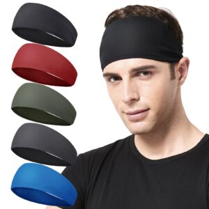 acozycoo mens running headband,5pack,mens sweatband sports headband for running,cycling,basketball,yoga,fitness workout stretchy unisex hairband (black, red, green, dark gray, ocean blue)