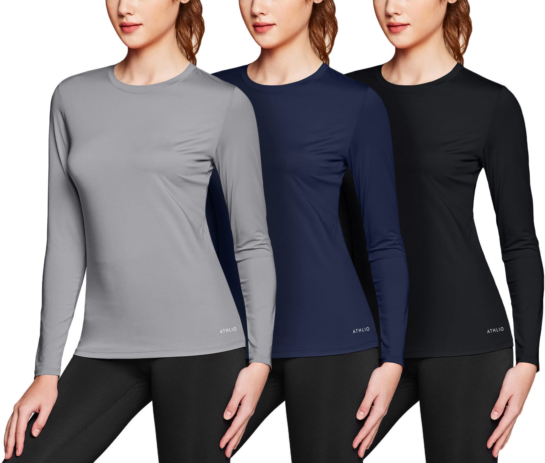 ATHLIO Women's UPF 50+ Long Sleeve Workout Shirts, UV Sun Protection Running Shirt, Dry Fit Athletic Tops, Round Neck 3pack Shirts Black/Cloud Grey/Navy, Small