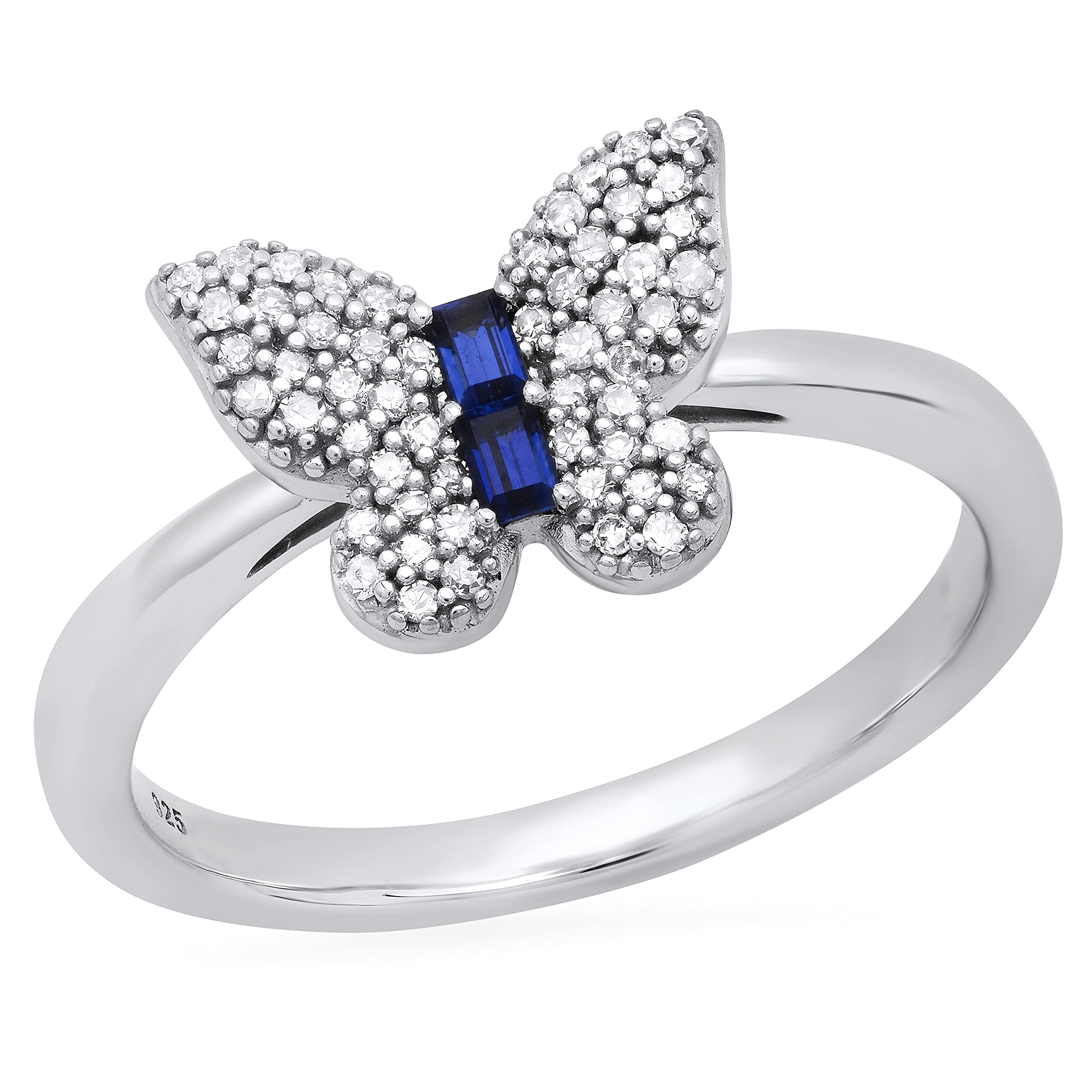 Dazzlingrock Collection Emerald Lab Created Blue Sapphire & Round Natural White Diamond Clustered Charming Butterfly Ring for Her | 925 Sterling Silver, Size 8.5