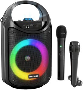 masingo karaoke machine for kids and adults with 1 wireless karaoke microphone and 1 wired mic, pa portable speaker with led lights, supports tf card/usb, aux/mic in, tws for home party, burletta c10