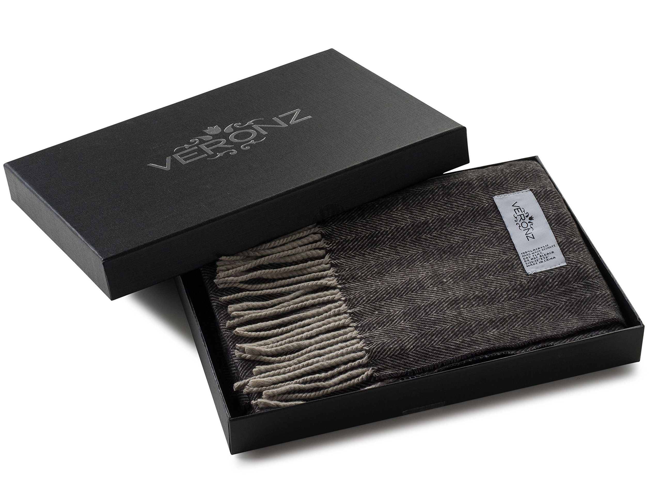 VERONZ Super Soft Luxurious Classic Cashmere Feel Winter Scarf With Gift Box (Black Gray Herringbone Gift 1)