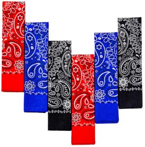 every-ville where everyone is welcome 6-pack large cotton bandanas for men - paisley, 22x22 in, red black blue - cowboy head handkerchief pocket squares