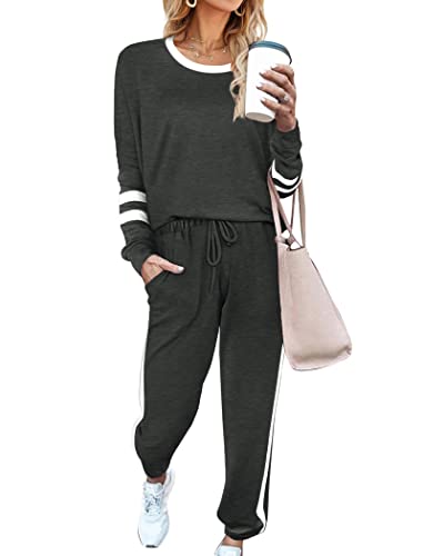 Airplane Outfits for Women 2024 Business Casual Fall Clothes Loungewear for Women Crewneck Sweatshirt and Drawstring Sweatpants Sets M