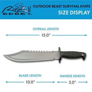 Szco Supplies 15” Rite Edge USA Survival Knife Saw-Back Outdoor Hunting, Camping Knife with Firestarter, Sharpener and Nylon Sheath Black, 211539