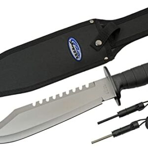 Szco Supplies 15” Rite Edge USA Survival Knife Saw-Back Outdoor Hunting, Camping Knife with Firestarter, Sharpener and Nylon Sheath Black, 211539