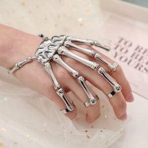 yertter halloween skull skeleton hand bracelet with ring handmade wristband skull fingers metal hand bracelet adjustable for women men gifts (silver)