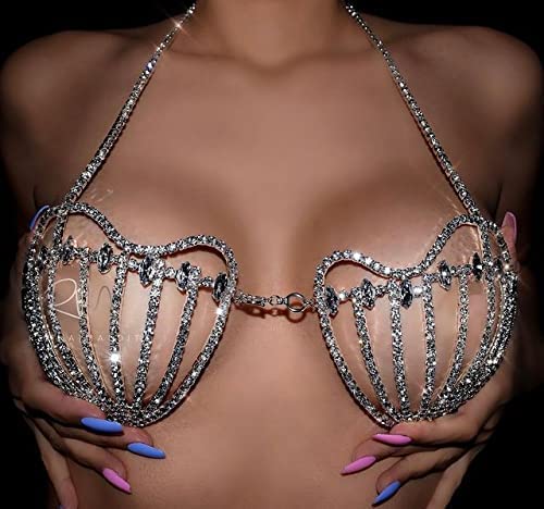 STONEFANS Rhinestone Mermaid Bra Body Chains for Women Sexy Silver Bikini Seashell Bra Chain Harness Nightclub Beach Chest Chain Body Jewelry Accessories