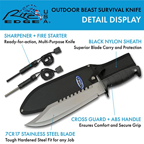 Szco Supplies 15” Rite Edge USA Survival Knife Saw-Back Outdoor Hunting, Camping Knife with Firestarter, Sharpener and Nylon Sheath Black, 211539