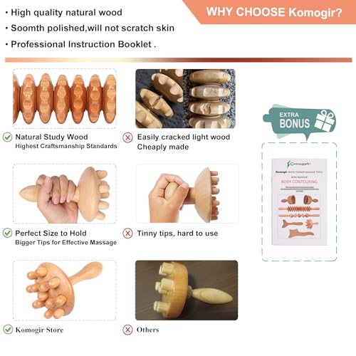 Komogir Wood Therapy Massage Tools 5-in-1 Lymphatic Drainage Massager Maderoterapia Kit Wooden Massager Body Sculpting Tools for Muscle Pain Relief, Anti-Cellulite, Body Contouring and Shaping