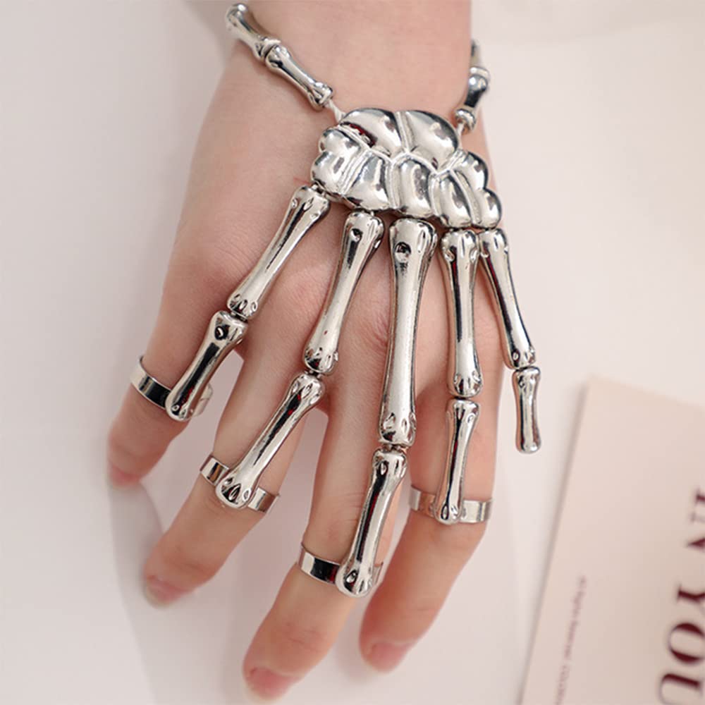 YERTTER Halloween Skull Skeleton Hand Bracelet with Ring Handmade Wristband Skull Fingers Metal Hand Bracelet Adjustable for Women Men Gifts (Silver)