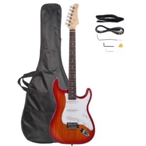 38 inch electric guitar, rosewood fingerboard electric guitar, w/picks, strap, cord, bag, tremolo arm, for beginner and intermediate performer (sunset red)