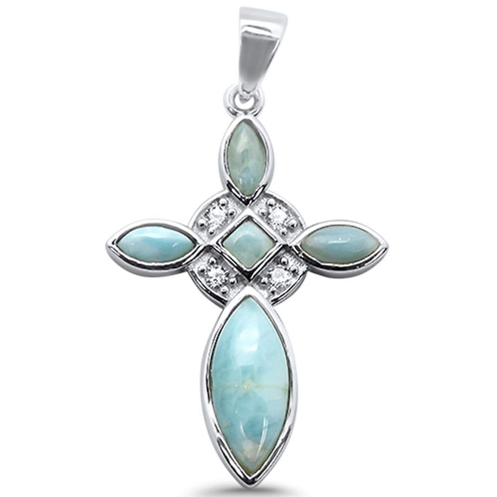 CloseoutWarehouse Natural Larimar Clear Cubic Zirconia Ringed Cross Pendant Sterling Silver