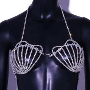 STONEFANS Rhinestone Mermaid Bra Body Chains for Women Sexy Silver Bikini Seashell Bra Chain Harness Nightclub Beach Chest Chain Body Jewelry Accessories