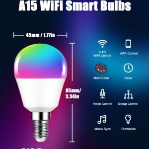 DOGAIN A15 Smart Light Bulbs, E12 Base Smart Bulb RGB Dimmable Color Changing Light Compatible with Alexa, Google Home WiFi-Bluetooth Bulb 6W=40W 500LM Ceiling Fan Light Bulbs (Only 2.4Ghz) 6 Pack