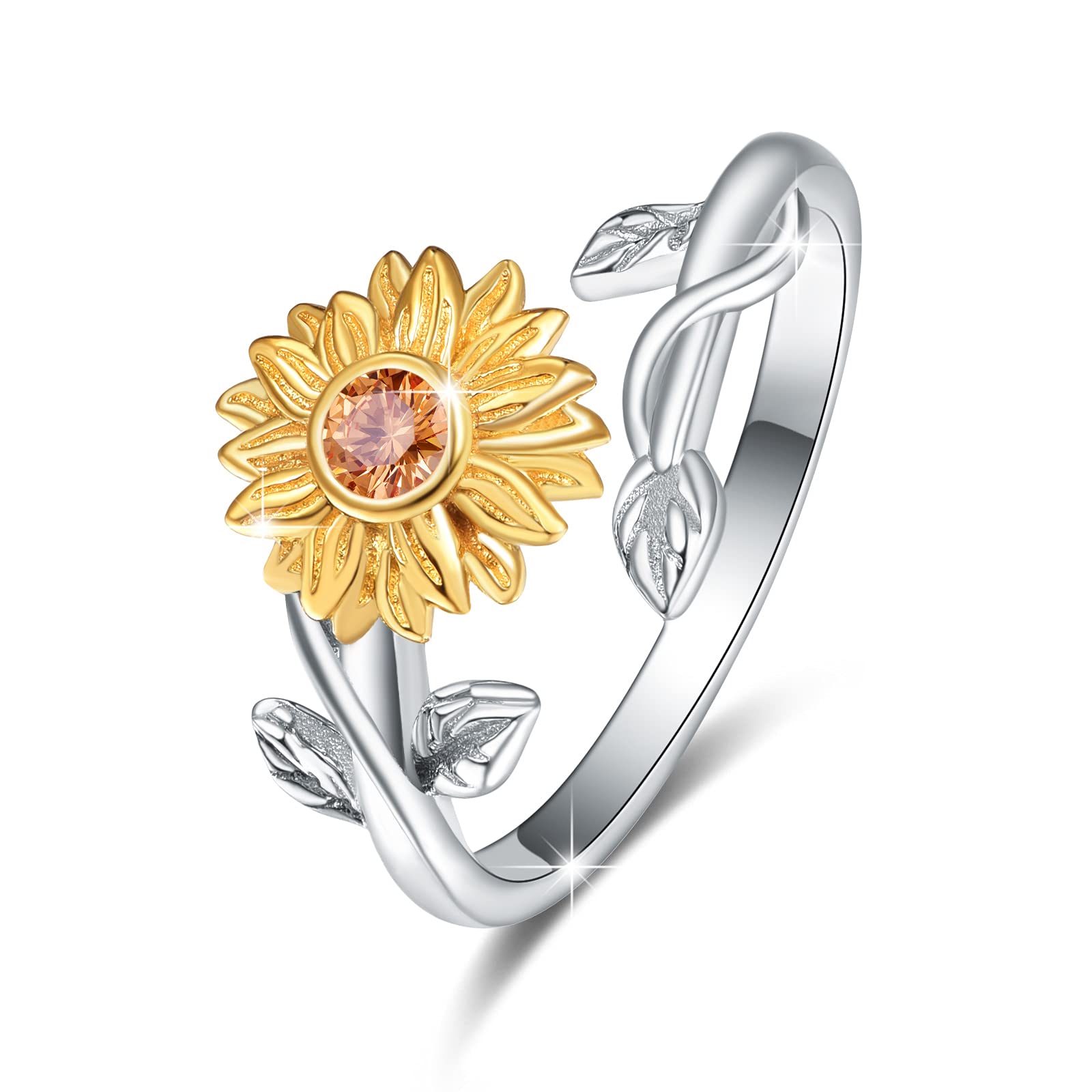 AOVEAO Sunflower Rings for Women, 925 Sterling Silver You are My Sunshine Adjustable Open Band Rings Sunflower Jewelry Gifts