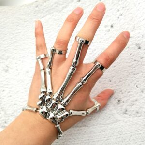 YERTTER Halloween Skull Skeleton Hand Bracelet with Ring Handmade Wristband Skull Fingers Metal Hand Bracelet Adjustable for Women Men Gifts (Silver)