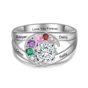 Moon Ring,Personalized Promise Ring for Her Engagement Ring with 2-4 Birthstones Names Engraved Rings for Women Mother's Days (4 names, 9)