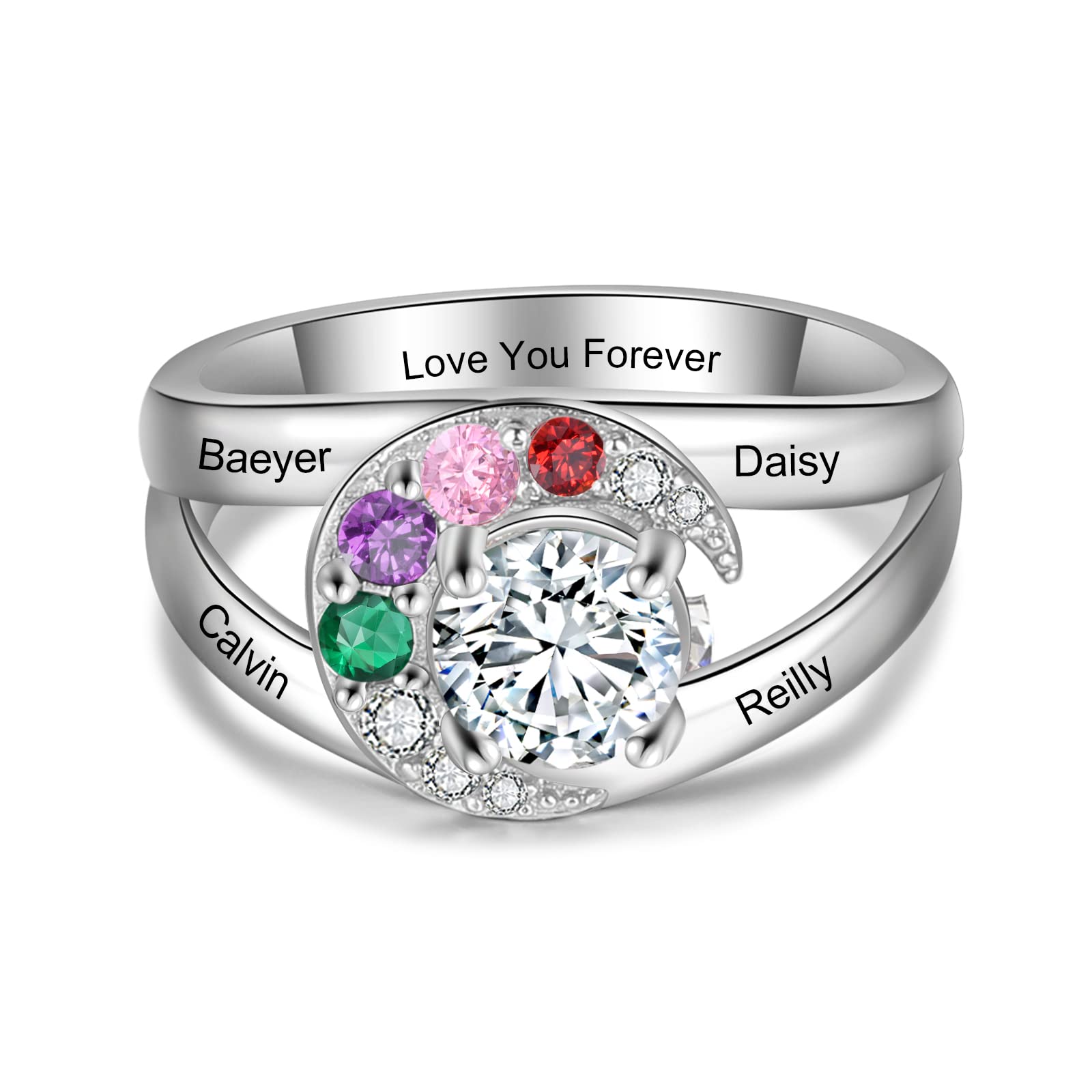 Moon Ring,Personalized Promise Ring for Her Engagement Ring with 2-4 Birthstones Names Engraved Rings for Women Mother's Days (4 names, 9)