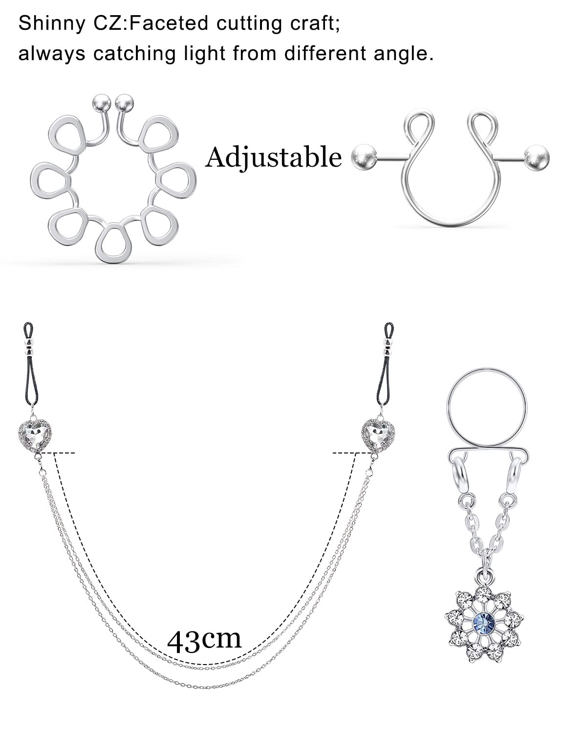 Hnxnskt Fake Nipple Rings Adjustable Dangle Nipple Rings Non-Piercing Nipple Rings Clip On Nipplerings Faux Body Piercing Jewelry for Women Men